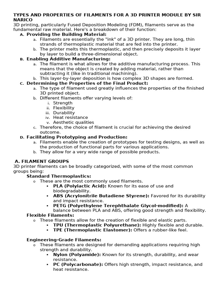 Types and Properties of Filaments For A 3D Printer MODULE by SIR NARICO ...