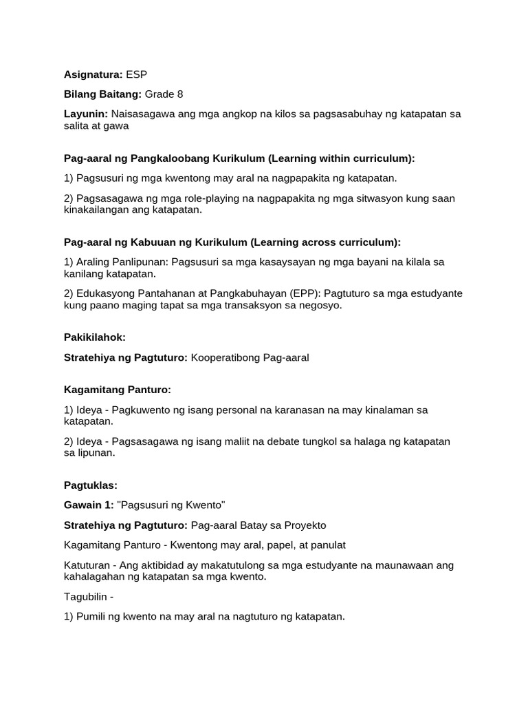 Esp8 Lesson Plan Katapatan | PDF