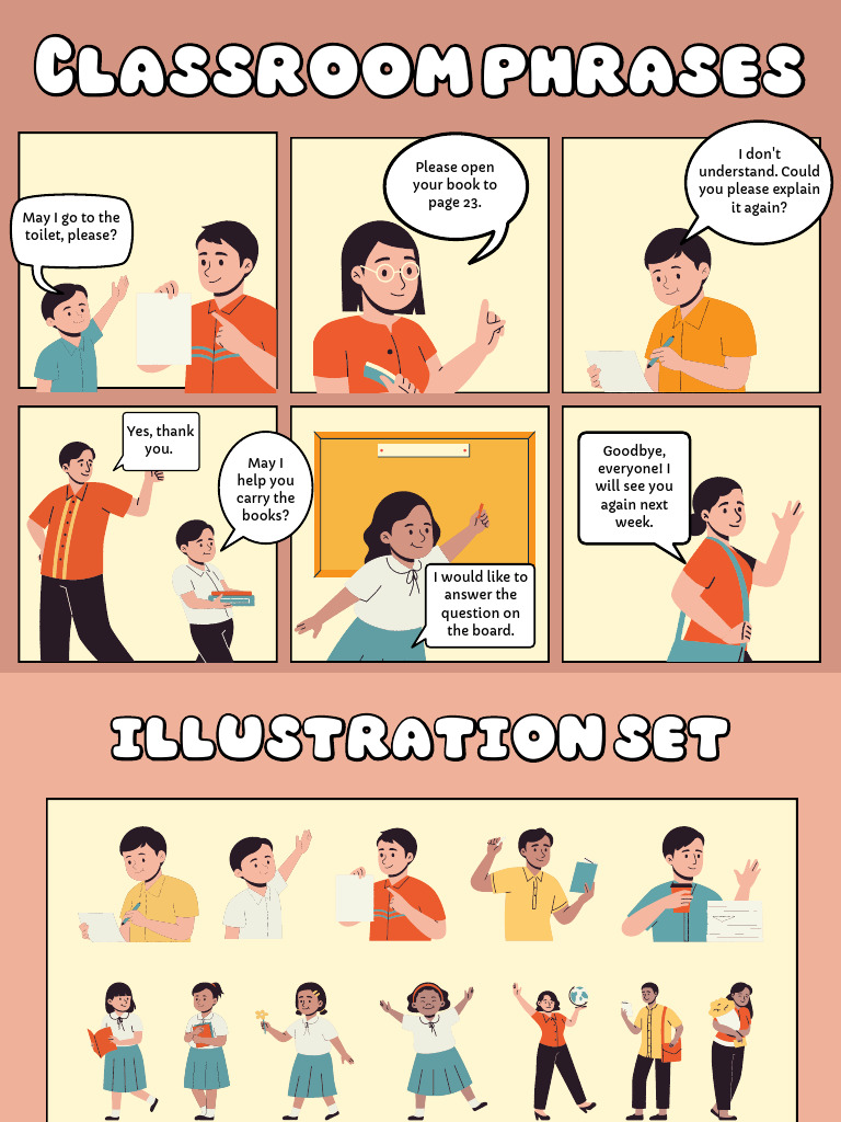 Red Hand Drawn Classroom Phrases Comic Strip | PDF