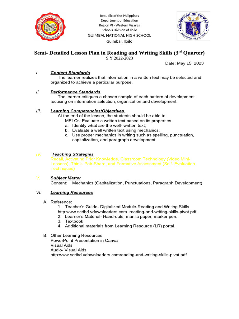 READING AND WRITING LESSON PLAN-Integration of Journalism | PDF | Learning | Teachers