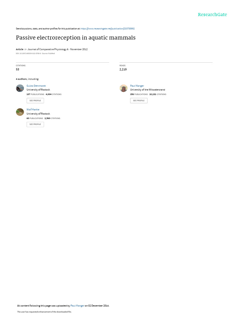 Passive Electroreception in Aquatic Mammals | PDF | Zoology | Biology