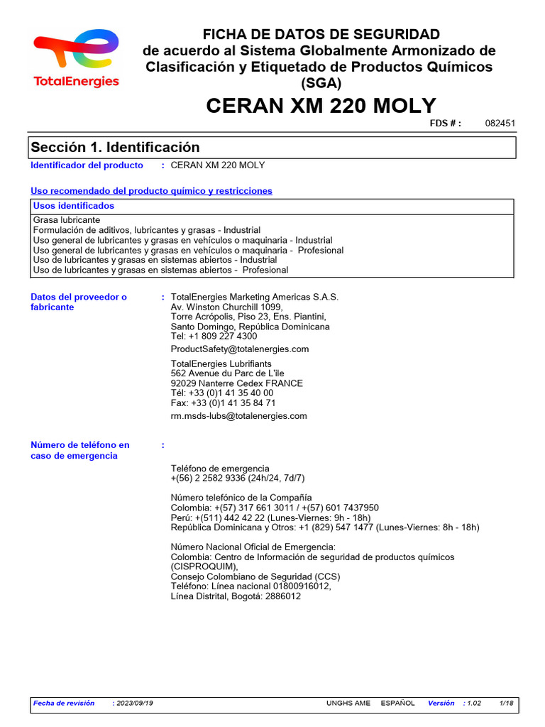 Ceran XM 220 Moly Total Msds | PDF | Agua | Química