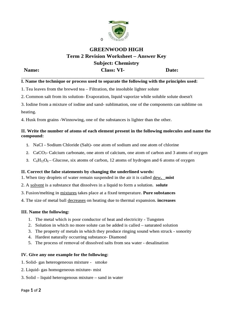 Grade 6 TERM 2 Rev WS Chem - AK-1 | PDF | Solubility | Sodium Chloride