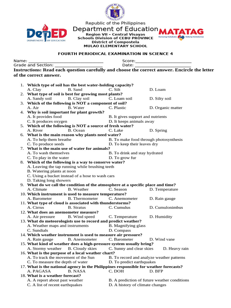 Fourth Quarter Test Papers MATATAG Grade 4 | PDF | Weather | Dances