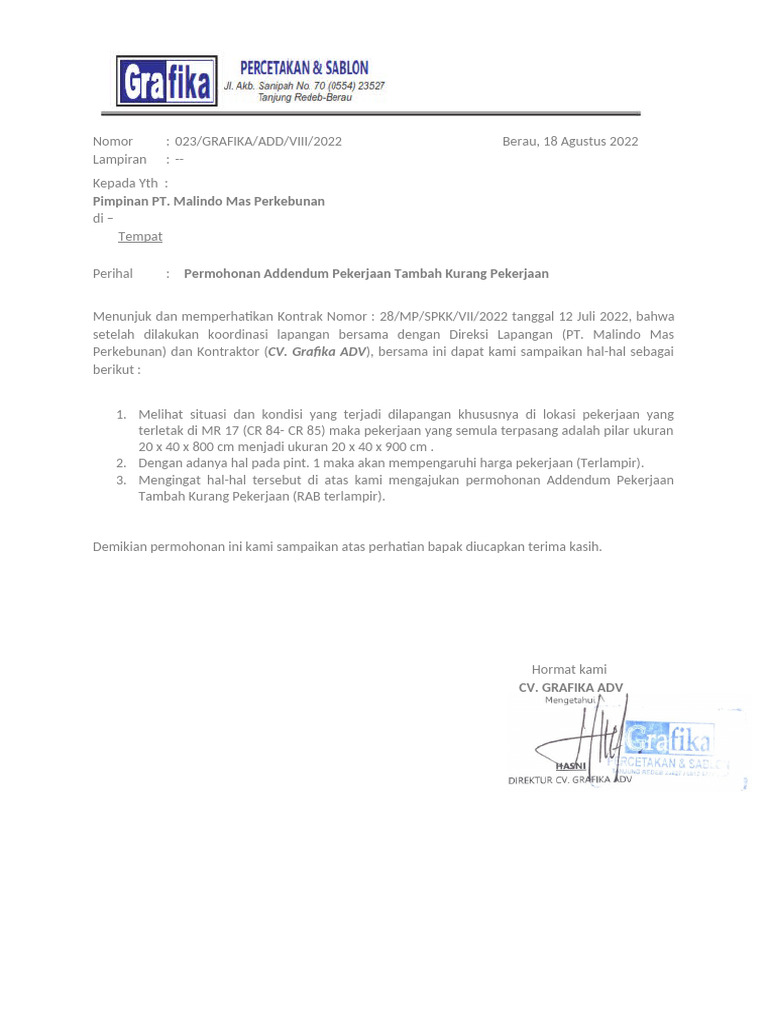 Permohonan Addendum Pekerjaan CV. Grafika | PDF