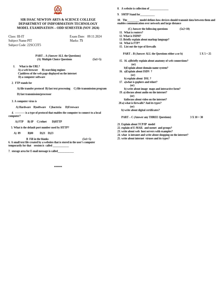PIT Model Exam - Odd Semester 2024 | PDF | File Transfer Protocol ...