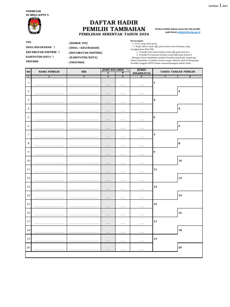 Daftar Hadir Di TPS Pemilihan 2024 - DPK - SIMULASI | PDF