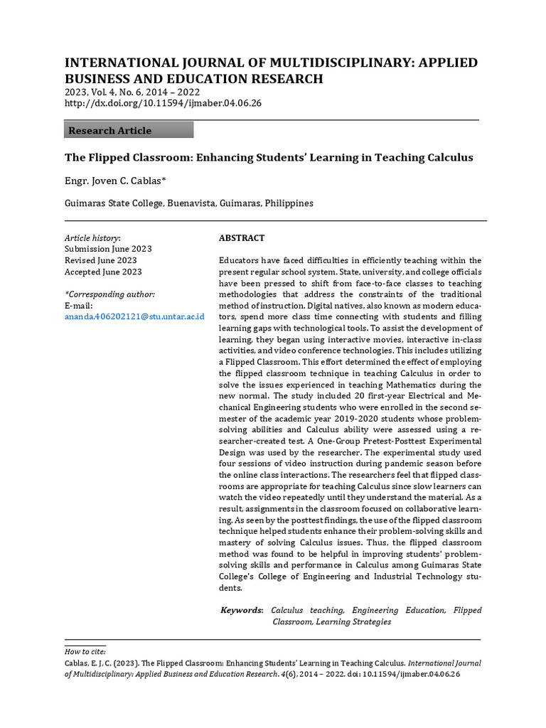 The Flipped Classroom Enhancing Students' Learning in Teaching Calculus | PDF | P Value | Teachers