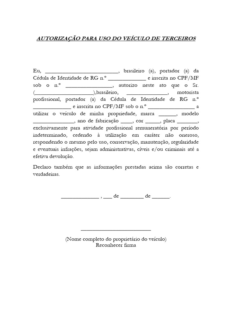 Autorização para Utilização de Veículos de Terceiros | PDF