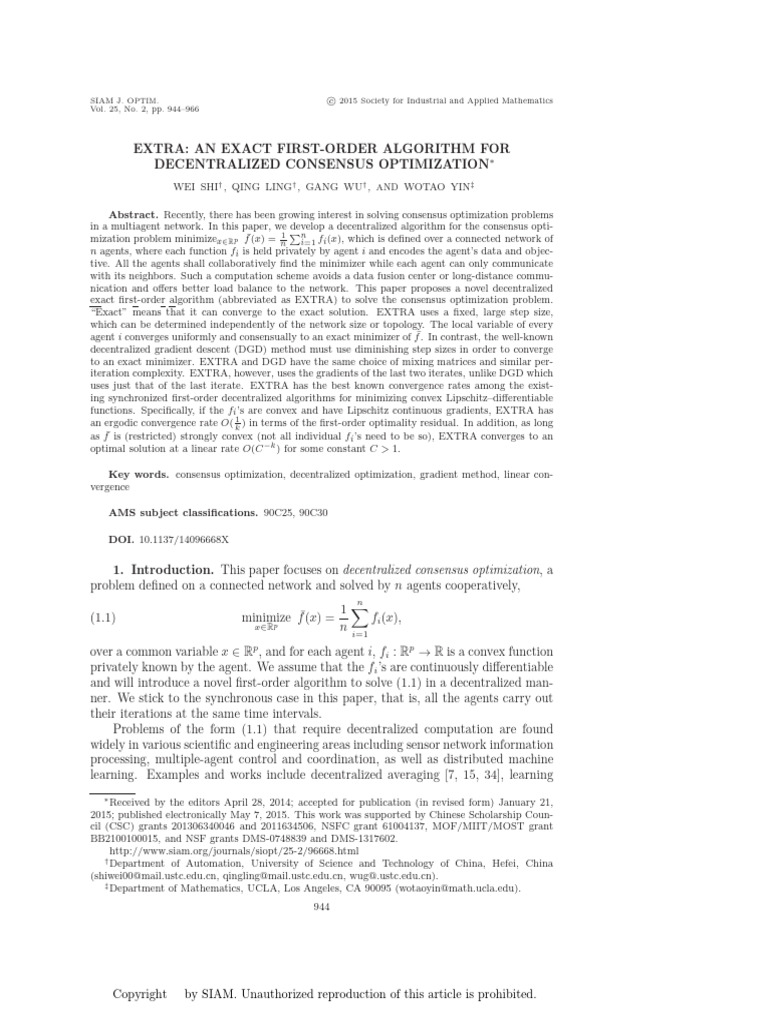 Extra: An Exact First-Order Algorithm For Decentralized Consensus ...