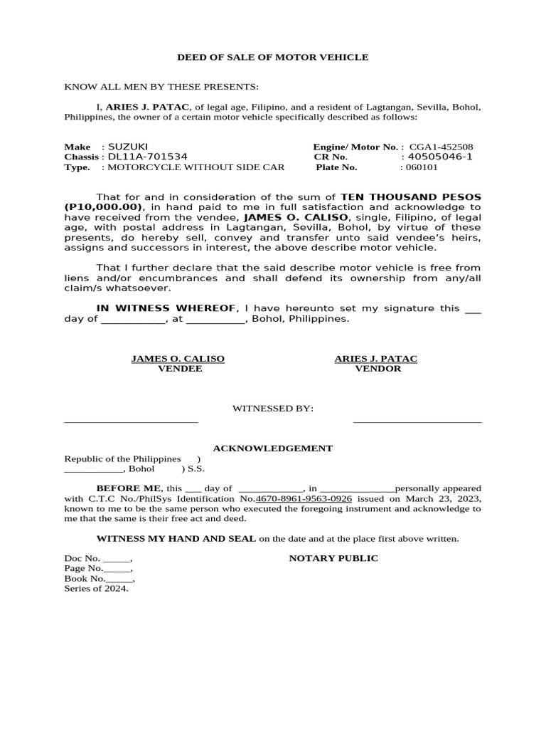 Deed of Sale of Motor Vehicle-Patac&caliso | PDF