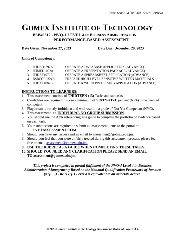 NVQ-J Level 4 Business Admin Assessment | PDF | Spreadsheet | Microsoft ...
