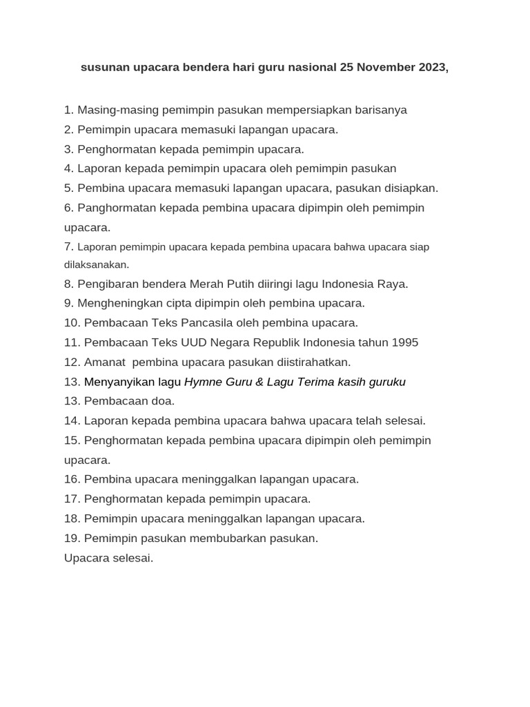 susunan upacara bendera hari guru nasional | PDF