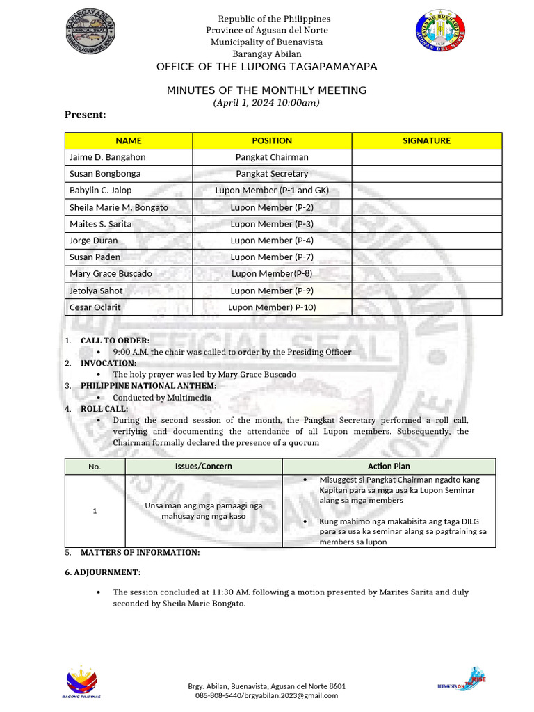 Lupon Tagapamayapa Meeting Minutes | PDF | Constitutional Law ...