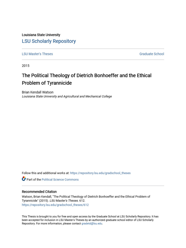 The Political Theology of Dietrich Bonhoeffer and The Ethical Pro | PDF ...