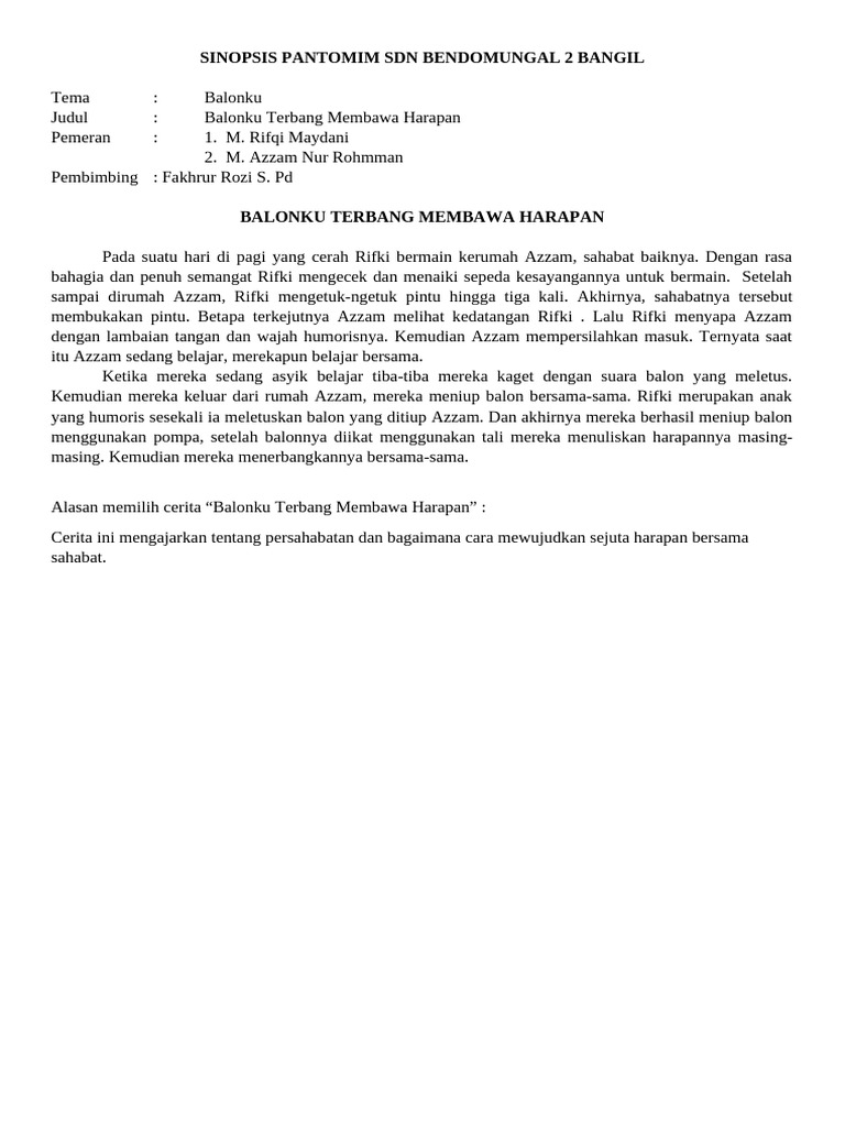 Sinopsis Pantomim Balonku Terbang | PDF