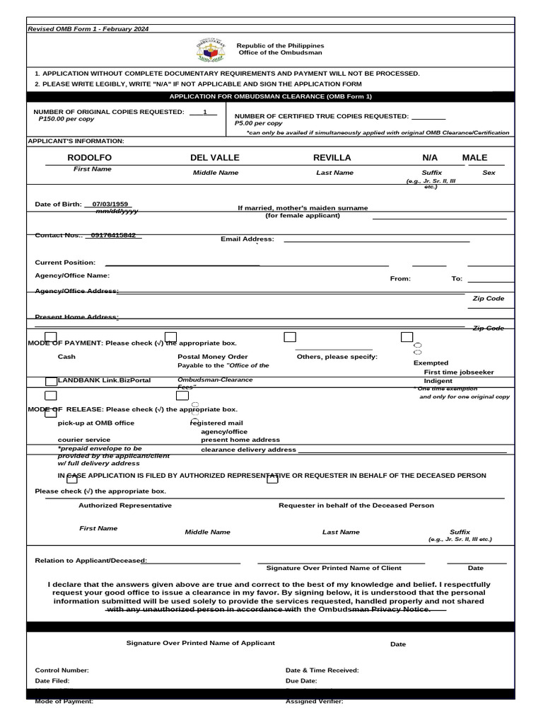 OMB Form 1 - Application For Ombudsman Clearance | PDF