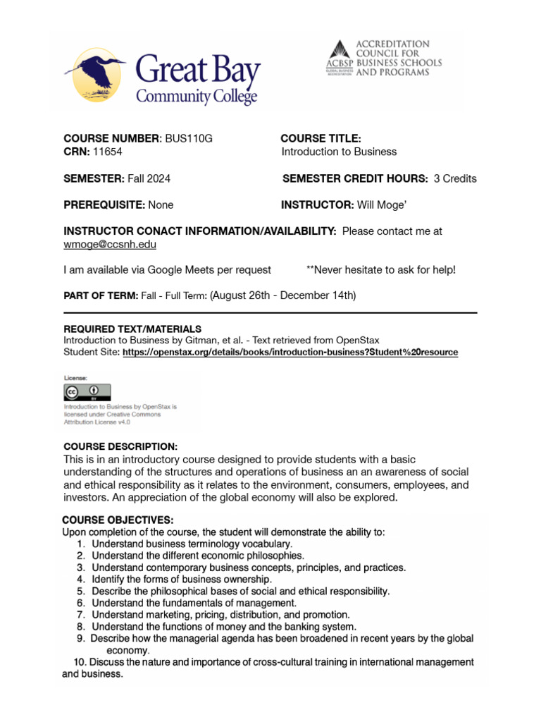 GBCC - Course Syllabus Intro To Business Fall 2024 | PDF | Entrepreneurship