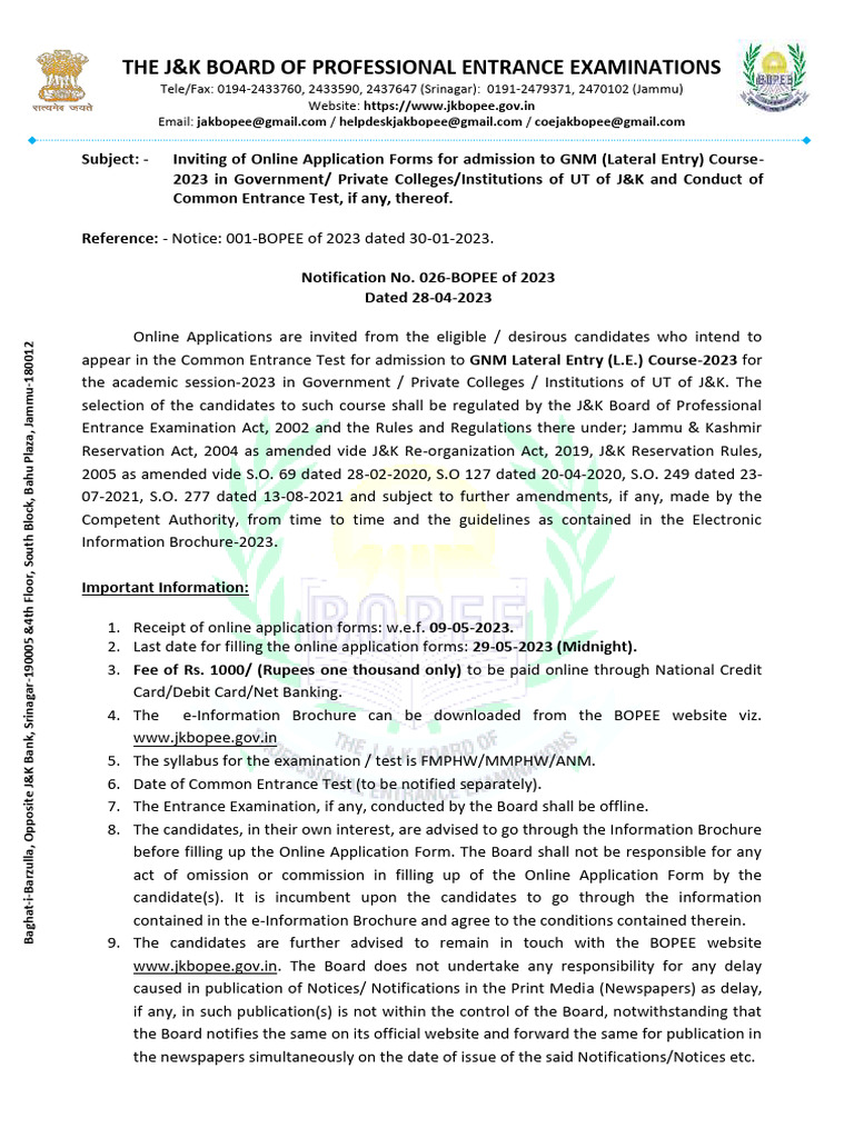 Inviting of Online Application Forms For Admission To GNM | PDF