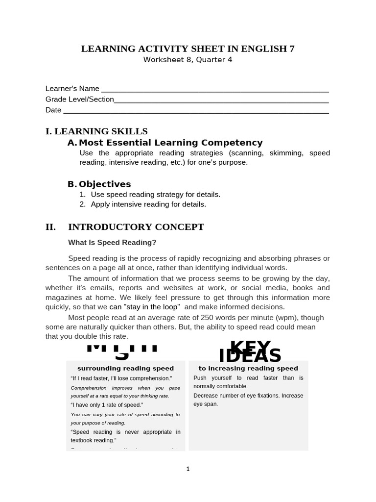 G7 Las 8 | PDF | Speed Reading | Reading Comprehension