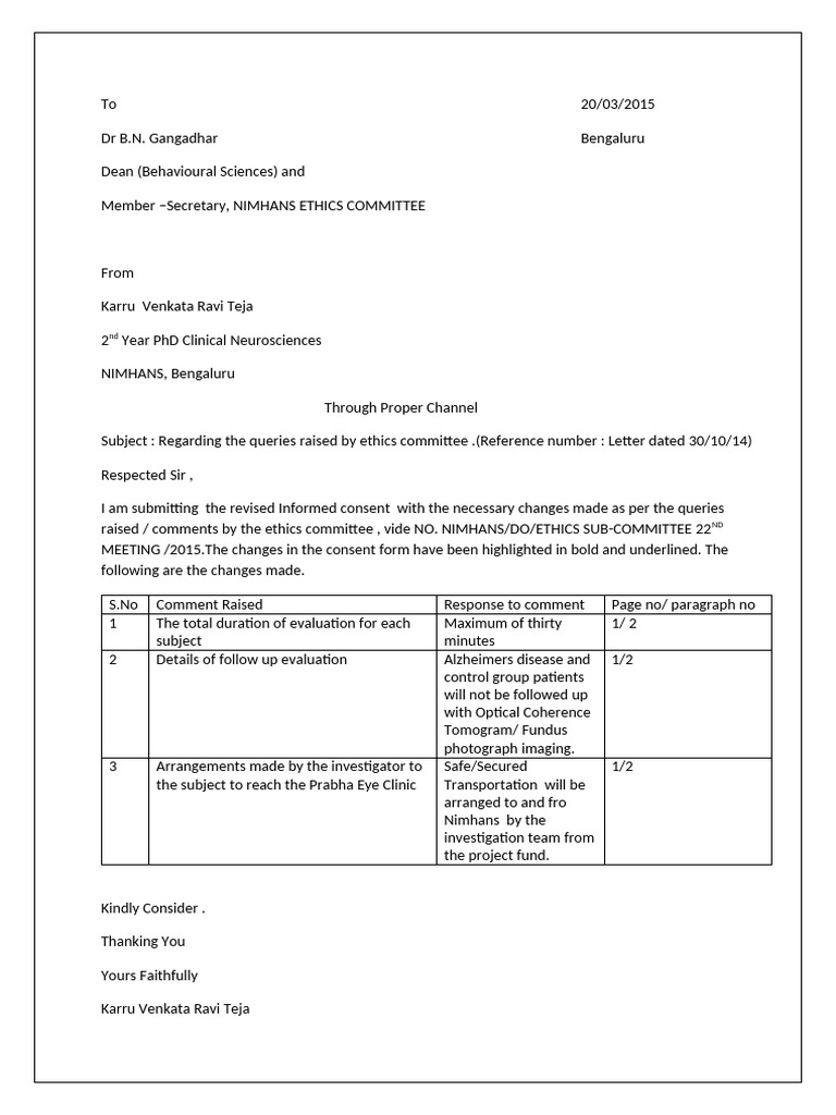 Ethics Covering Letter With Modifications | PDF