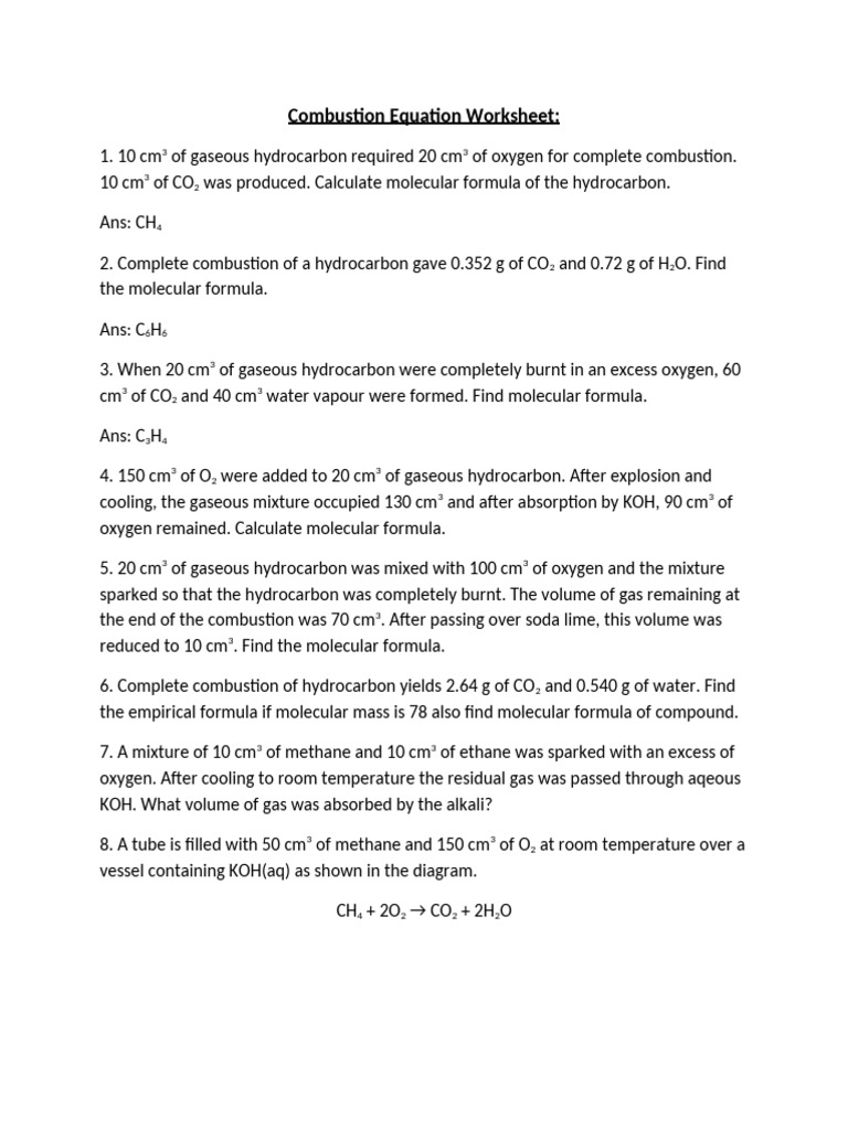 Combustion Equation Worksheet (1) | PDF