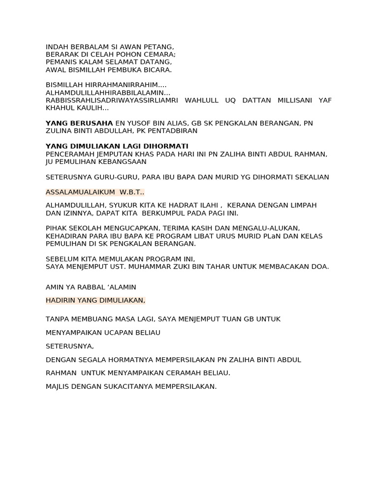 Teks Pengacara Majlis PLaN | PDF