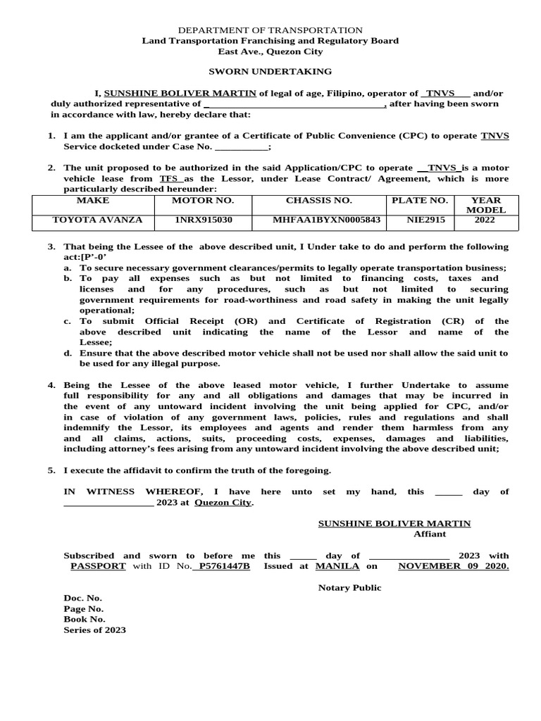 SWORN UNDERTAKING_JOYRIDECAR | PDF | Lease | Affidavit