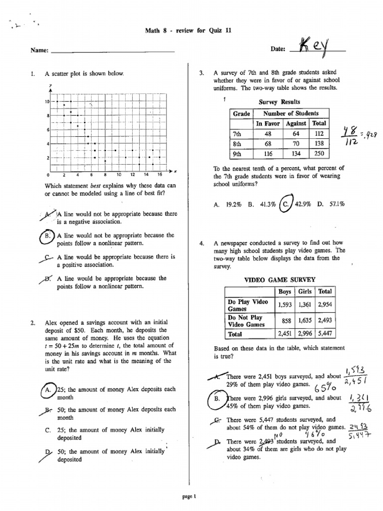 Math 8 Answers To Review Sheet Quiz 11 | PDF