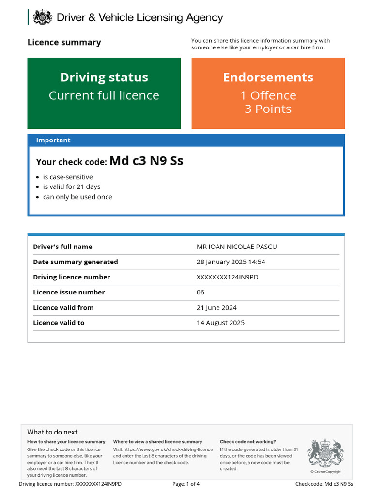 Driving Licence Summary for Ioan Pascu | PDF | Vehicle Operation ...