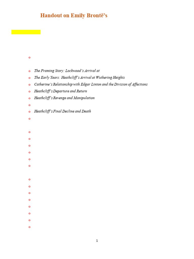 Handout on Emily Brontë's Wuthering Heights | PDF | Wuthering Heights ...