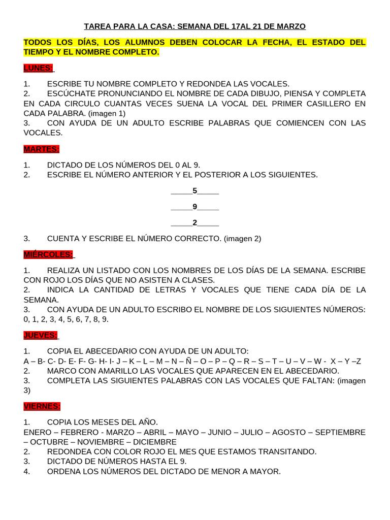 Tarea Semanal: Actividades del 17-21 Mar | PDF