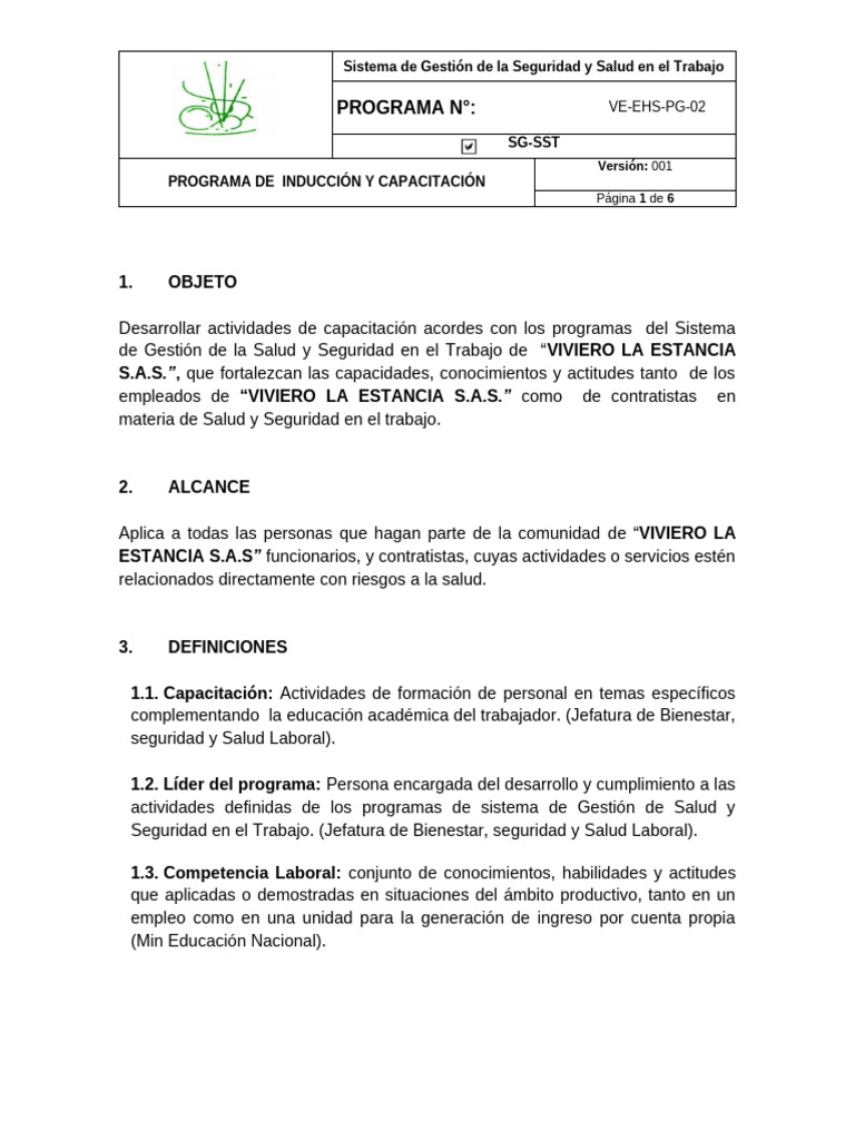 Ve-Ehs-Pg-02 Programa de Inducción y Capacitacion | PDF | Seguridad y salud ocupacional | Business