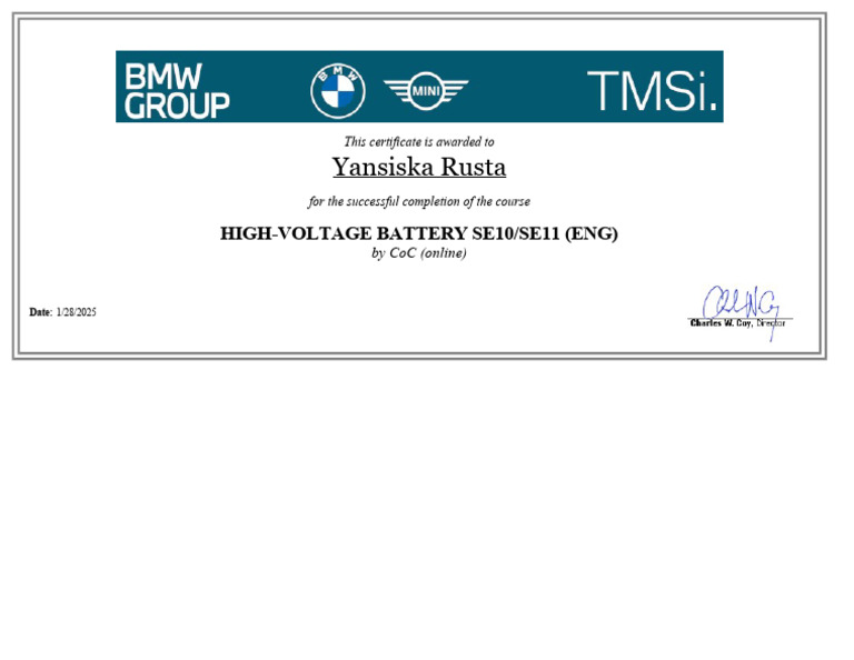 High-Voltage Battery Course Certificate | PDF