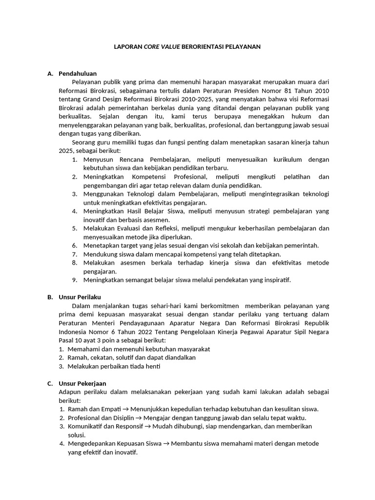 Laporan Core Value Berorientasi Pelayanan | PDF