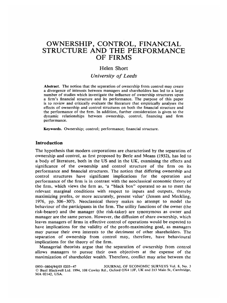 Ownership, Control, Financial Structure and The Performance of Firms ...
