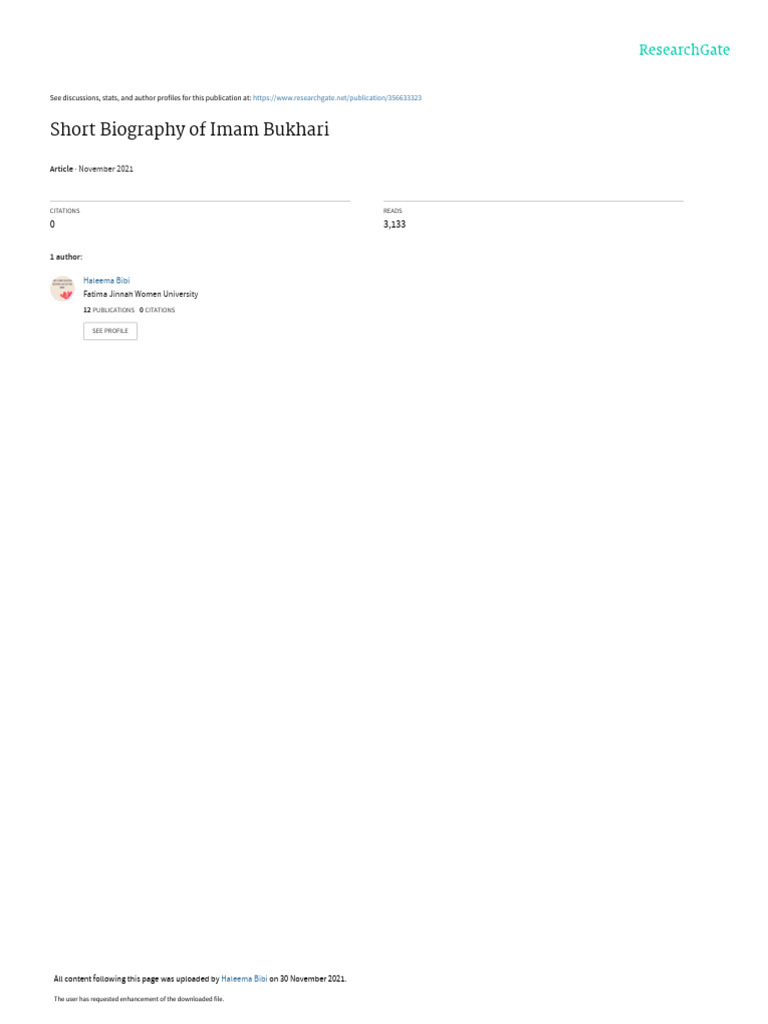 Short Biography of Imam Buk Hari | PDF | Hadith | Islamic Branches