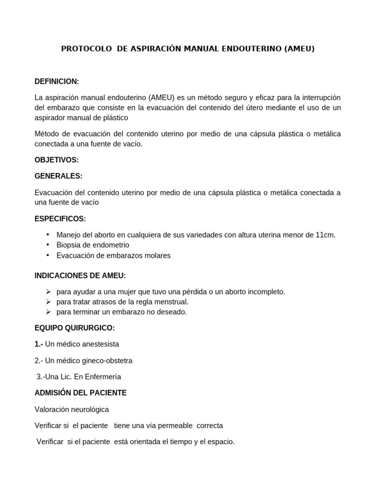 Protocolo de AMEU en Ginecología | PDF | Inyección (medicina) | Aborto