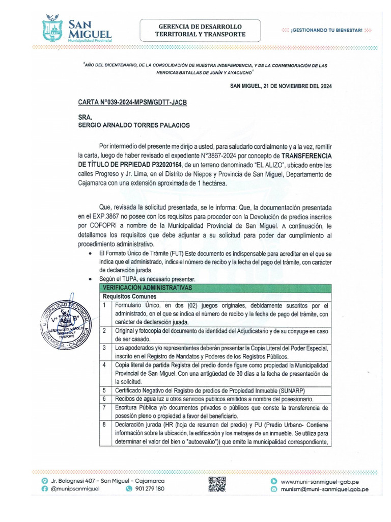 Carta N°039-2024 - Sergio Arnaldo Torres Palacios | PDF