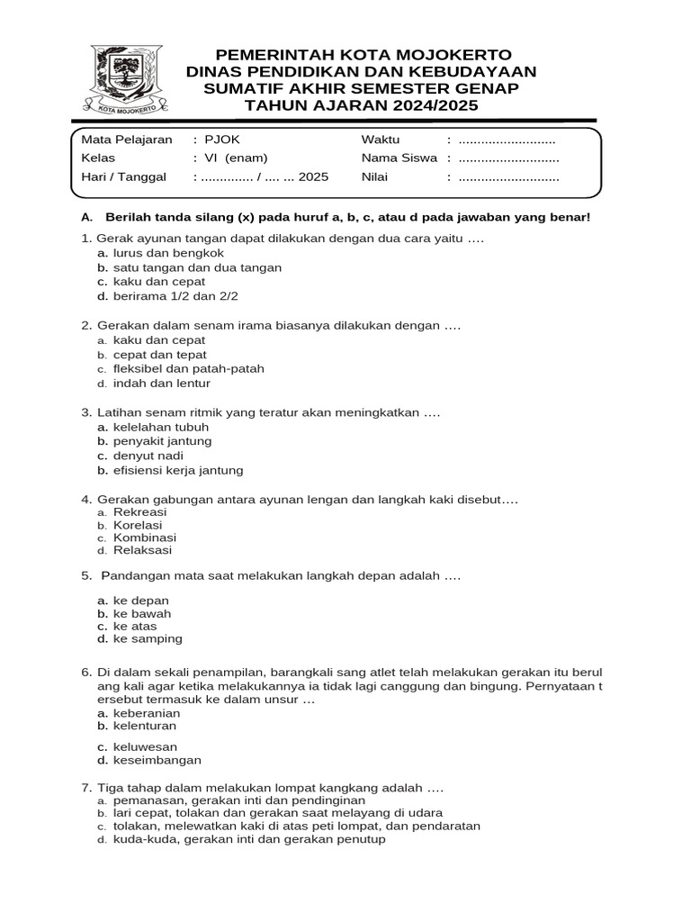 Soal Pjok Sas Genap Kelas 6 Sem 2 Th. 24 - 25 | PDF
