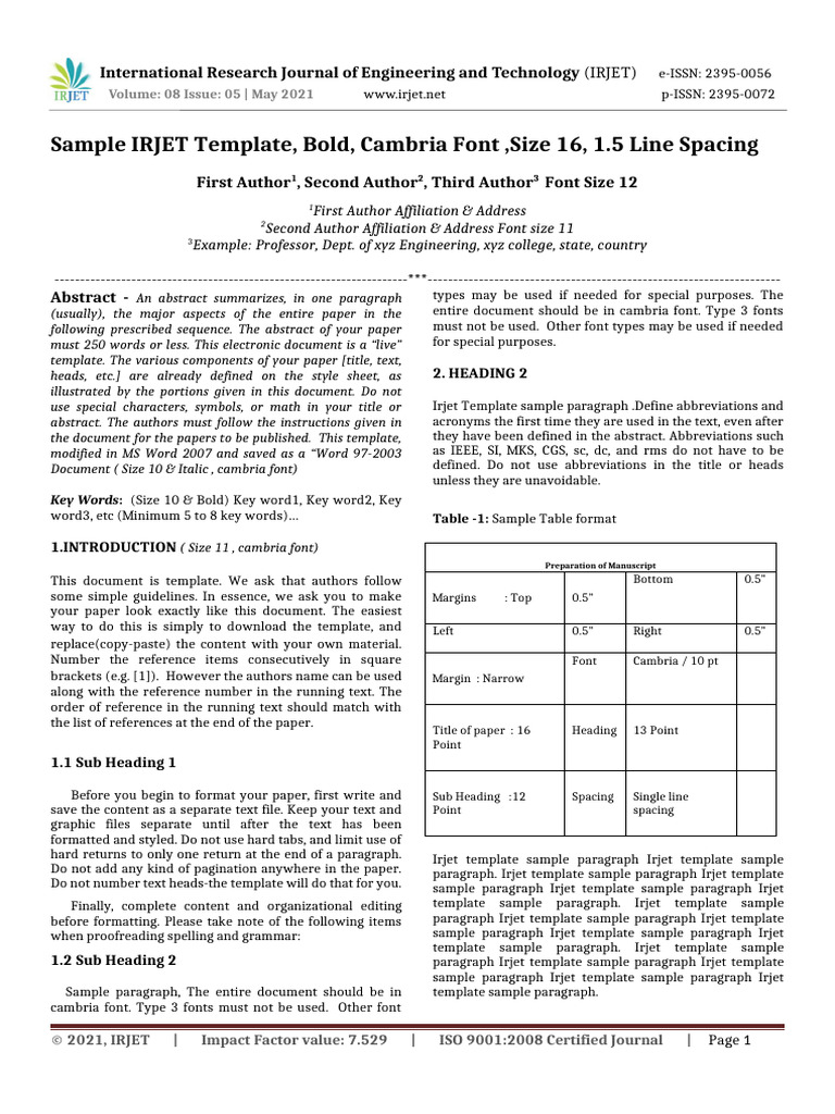 IRJET Manuscript Template 2 | PDF | Typefaces | Document