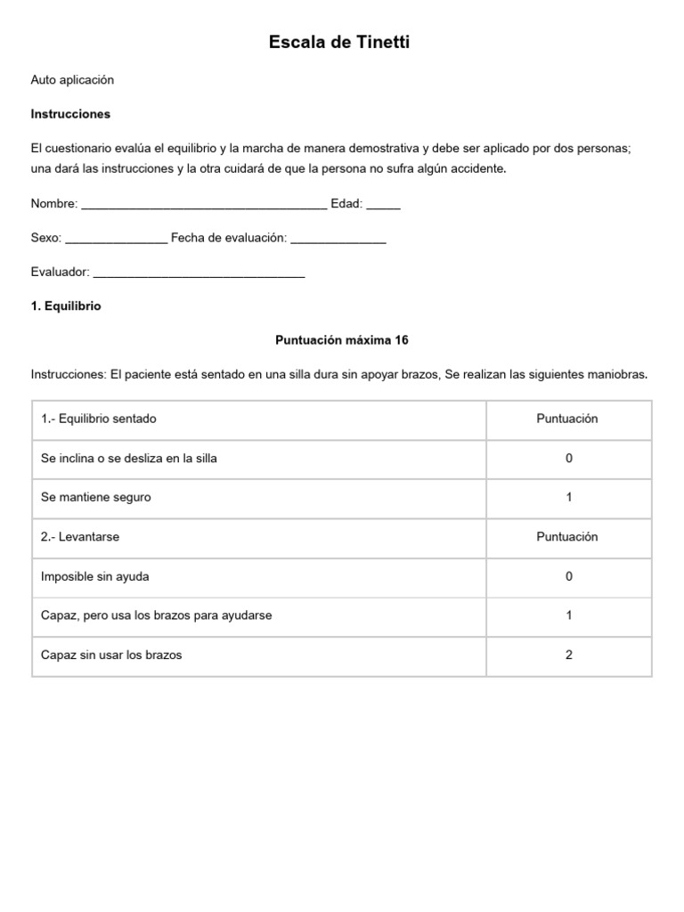 Escala de Tinetti: Evaluación de Equilibrio y Marcha | PDF
