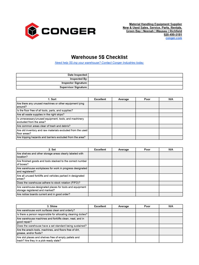Warehouse 5S Checklist Conger Industries 5S Checklist | PDF | Warehouse | Forklift