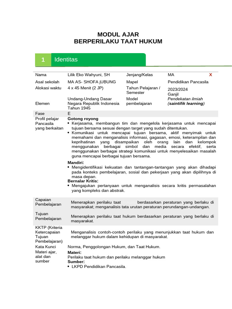 MODUL AJAR Bu Lilik BERPERILAKU TAAT HUKUM | PDF