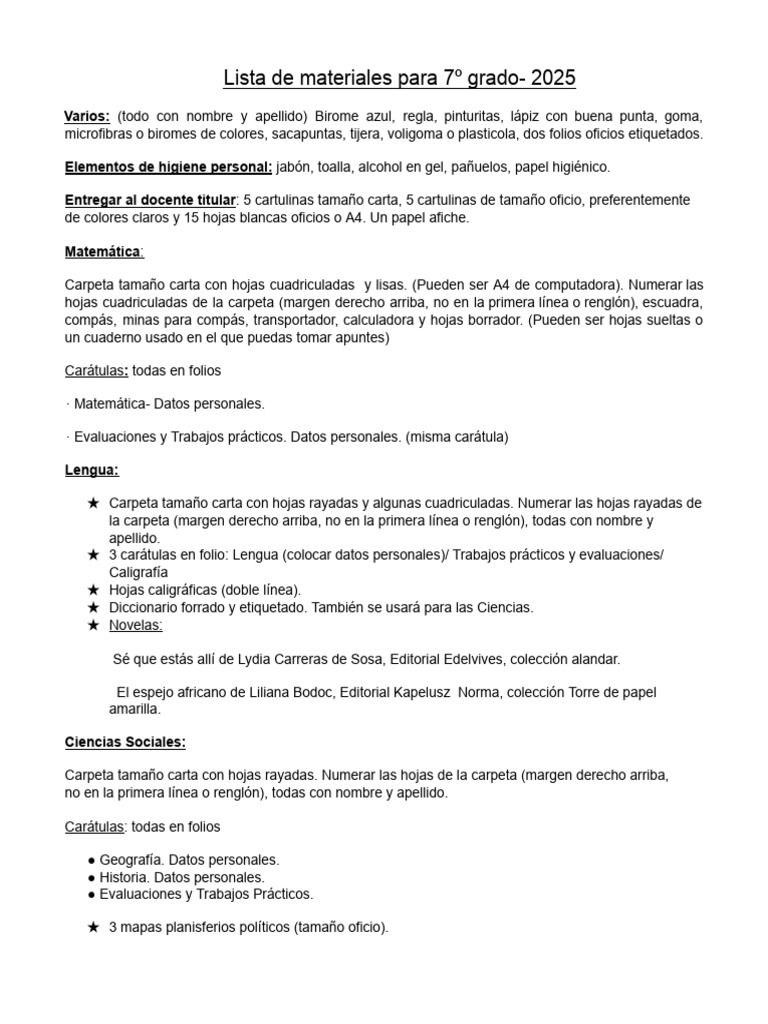 Materiales y Carátulas 7º Grado 2025 | PDF