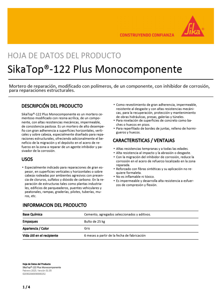 sikatop_-122_plusmonocomponente | PDF | Hormigón | Mortero (Albañilería)