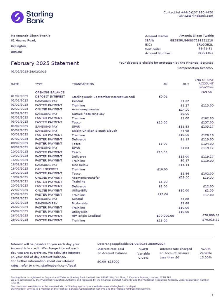Starling Bank Statement | PDF | Interest | Payments