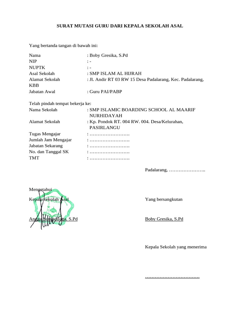 Surat mutasi p bobi | PDF
