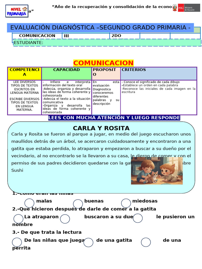 Evaluacion Diagnostica - 2do Grado-Primaria - 2025 | PDF | Evaluación