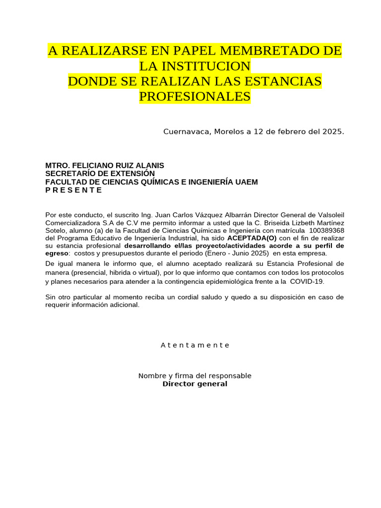 1 Formato Carta de Aceptación ACT | PDF